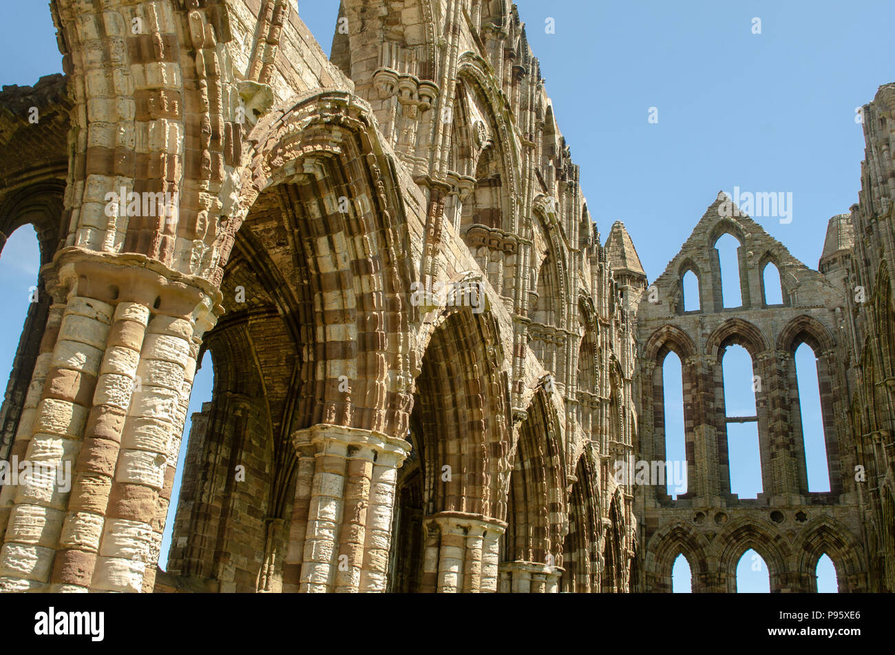 View of Whitby Abbey ruins showing details of stonework Stock Photo - Alamy