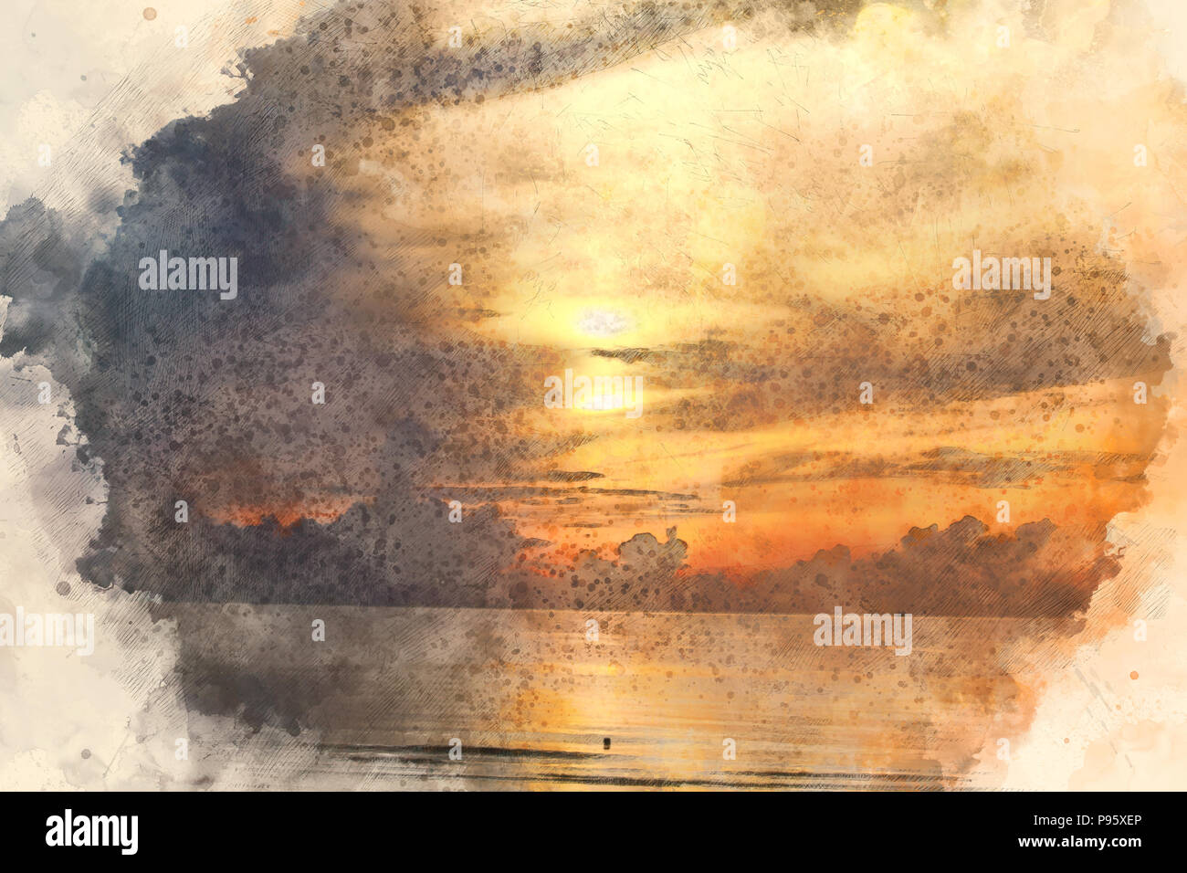 Abstract sunlight, sunrise, sunshine on watercolor painting background ...