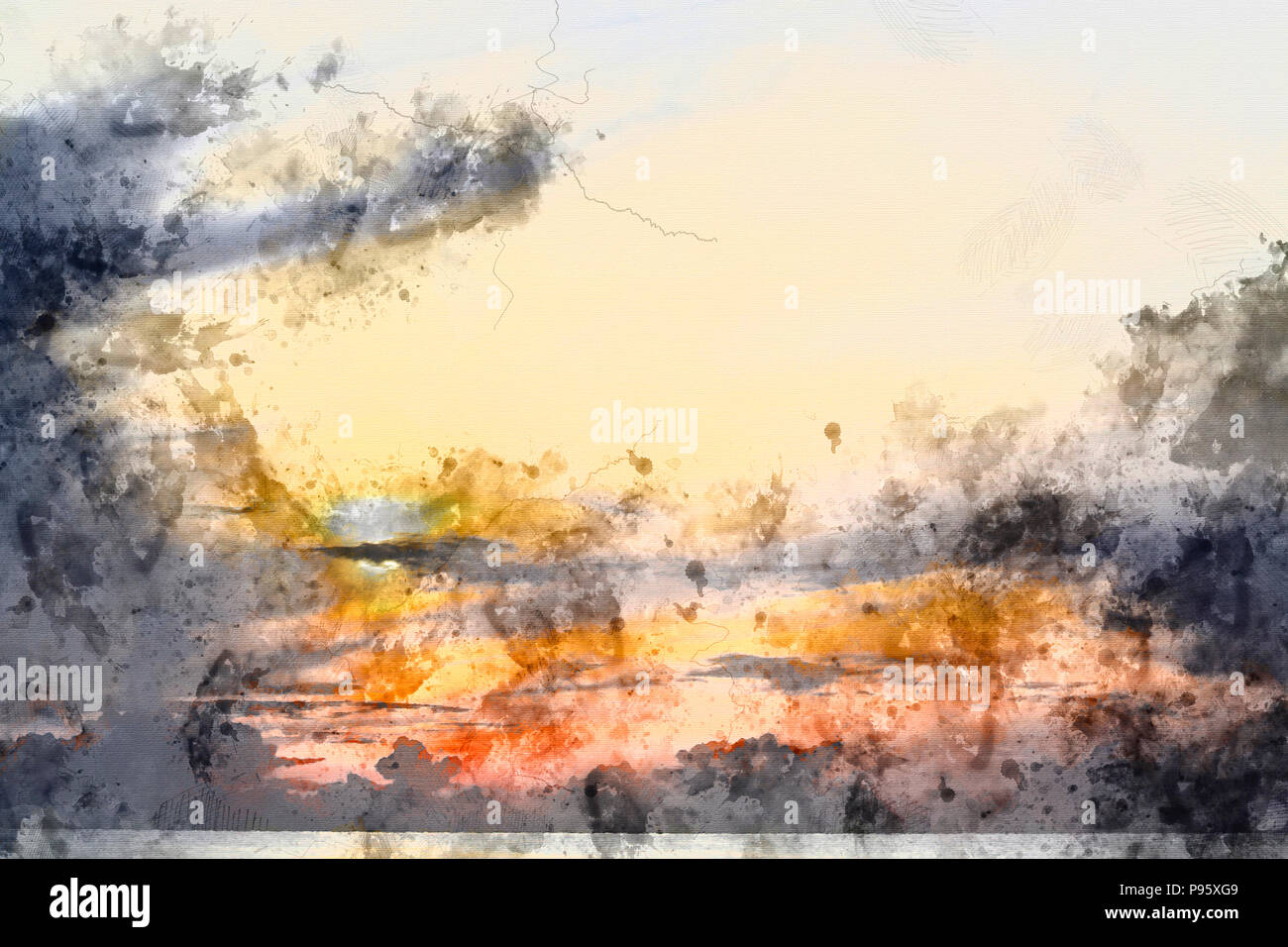 Abstract sunlight, sunrise, sunshine on watercolor painting background ...