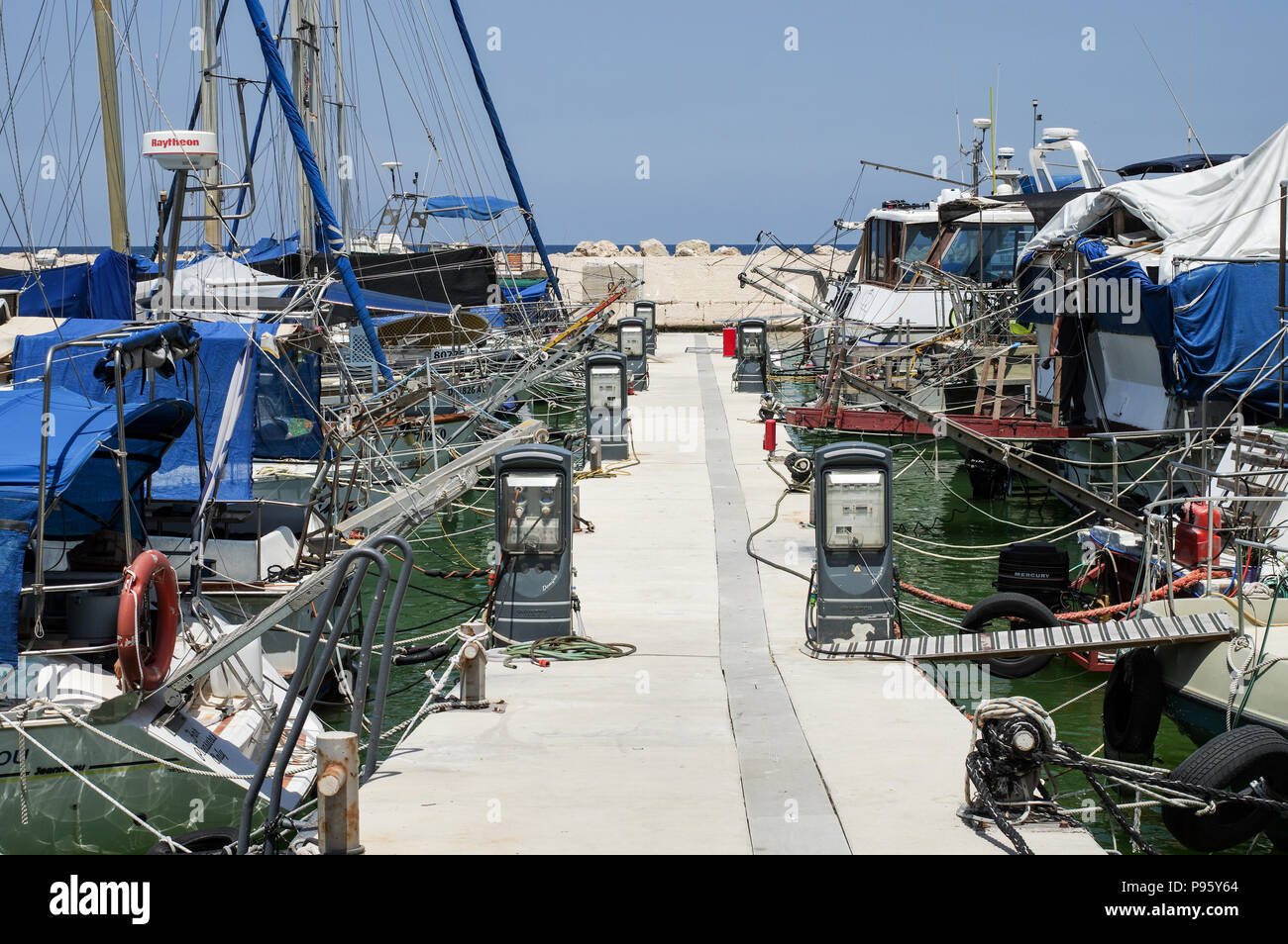 Boats bobbing in the sea in the old Jaffa Port - Tel Aviv, Israel Stock ...