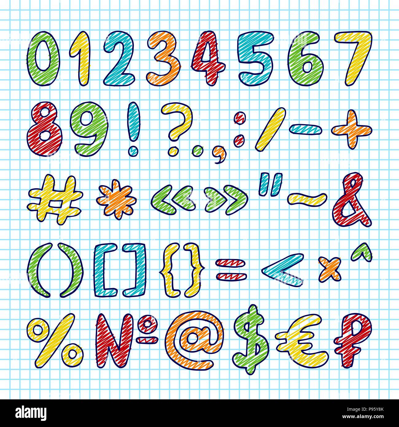 Vector hand drawn set of numbers, punctuation marks and special symbols ...