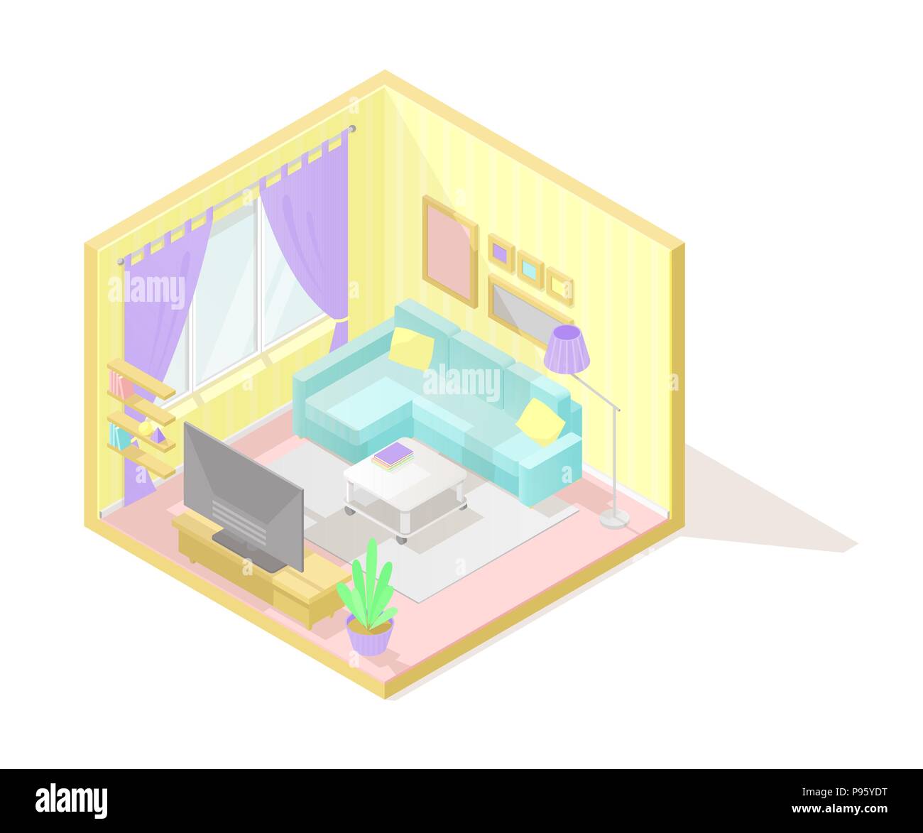Vector isometric low poly cutaway interior illustartion. Living room ...