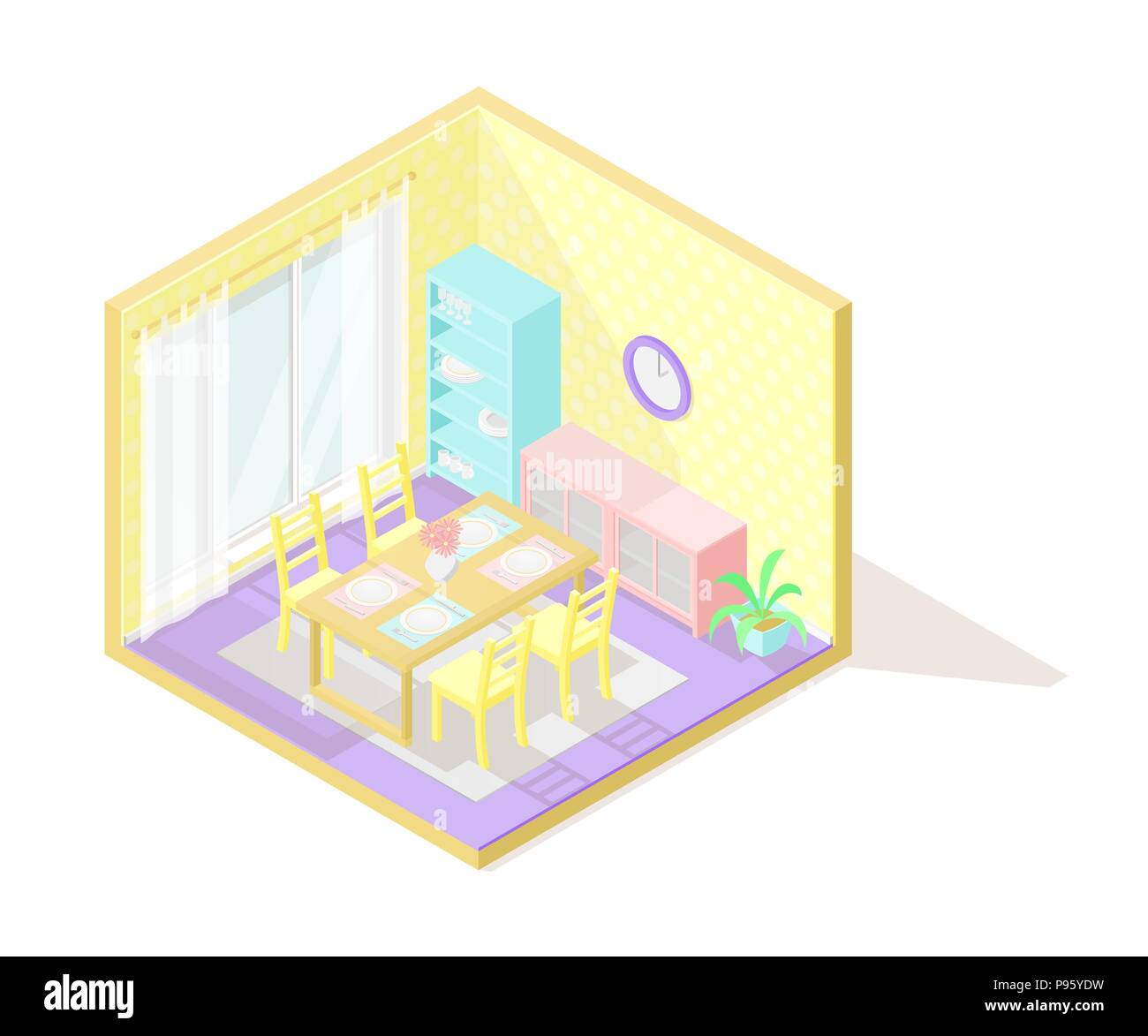 Vector isometric low poly cutaway interior illustartion. Dining room ...