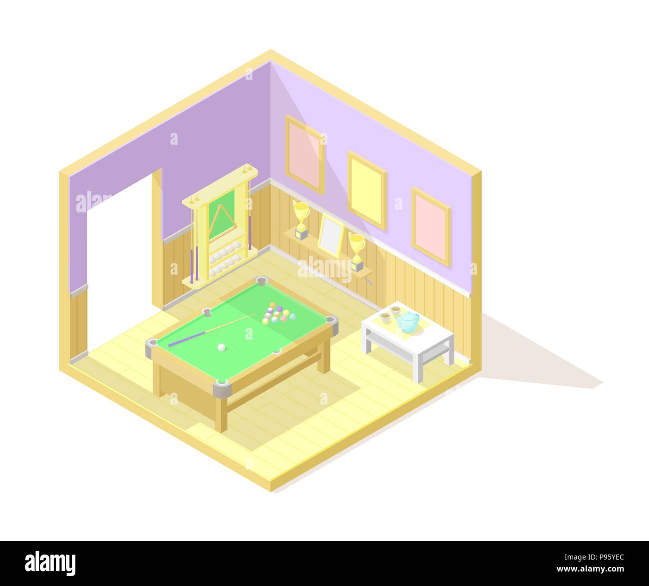 Vector isometric low poly cutaway interior illustartion. Billiard or ...