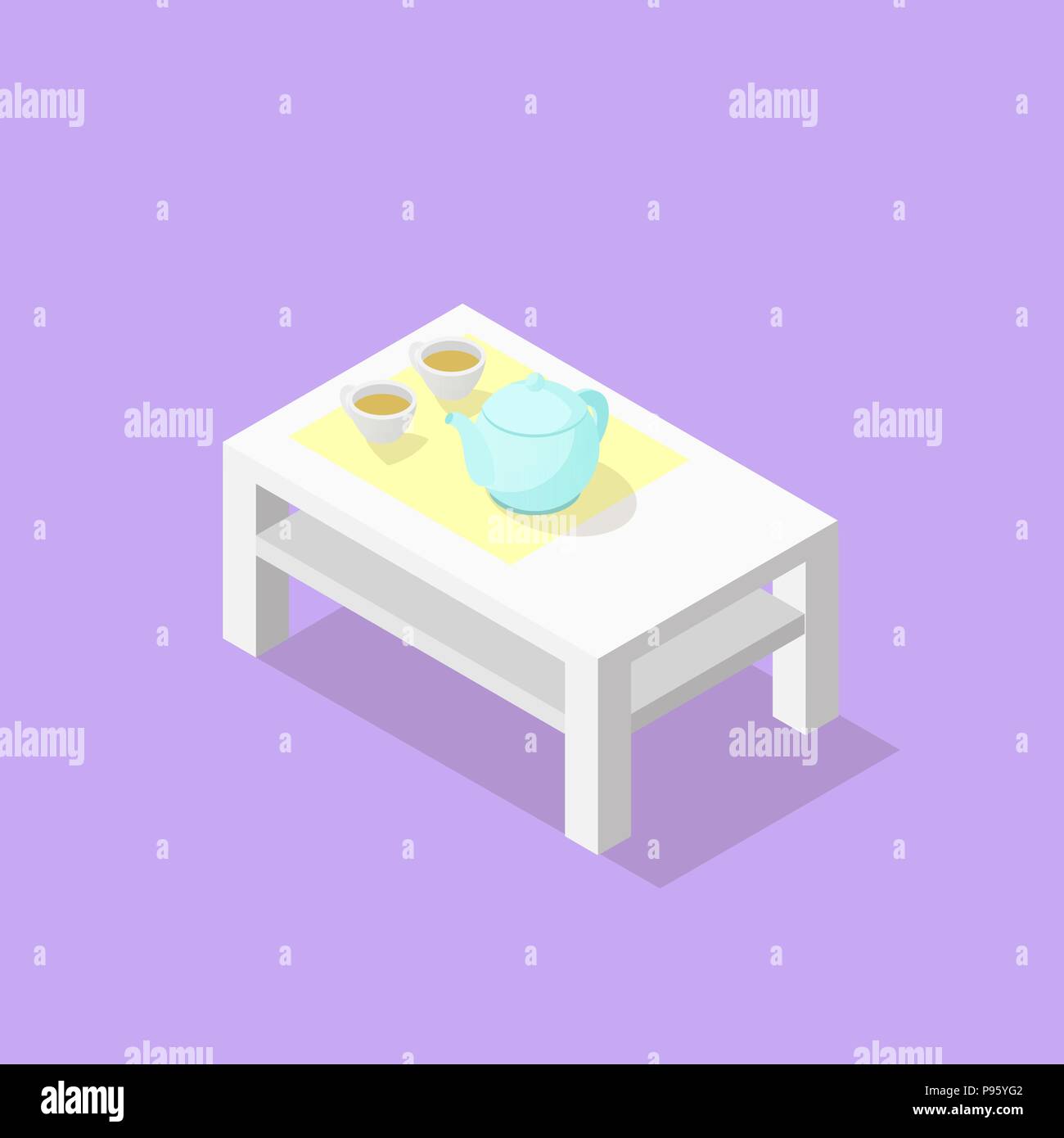 Low poly isometric coffee table with teapot and cups. Realistic icon ...