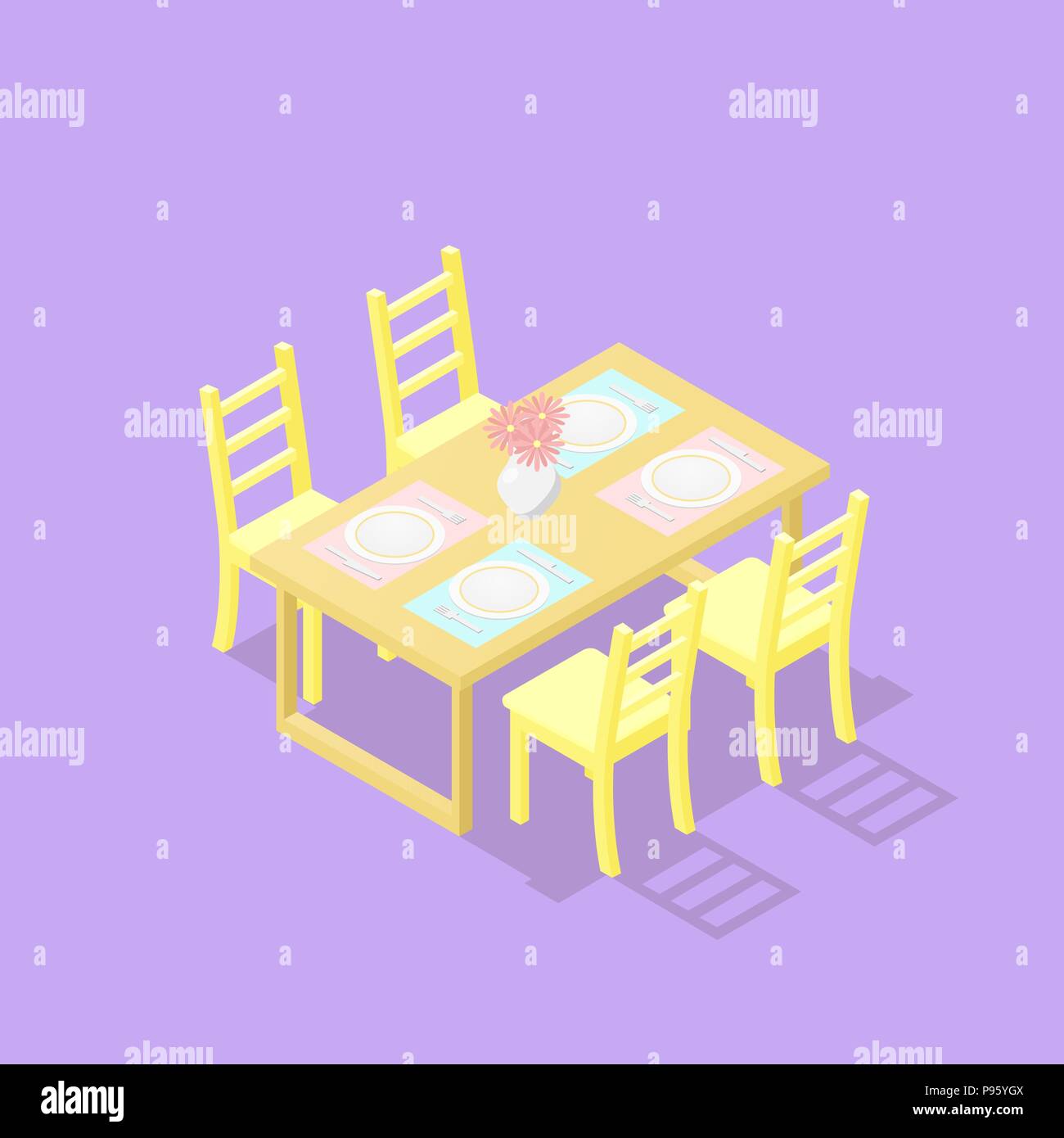 Low poly isometric dining table with chairs. Realistic icon. Table with ...