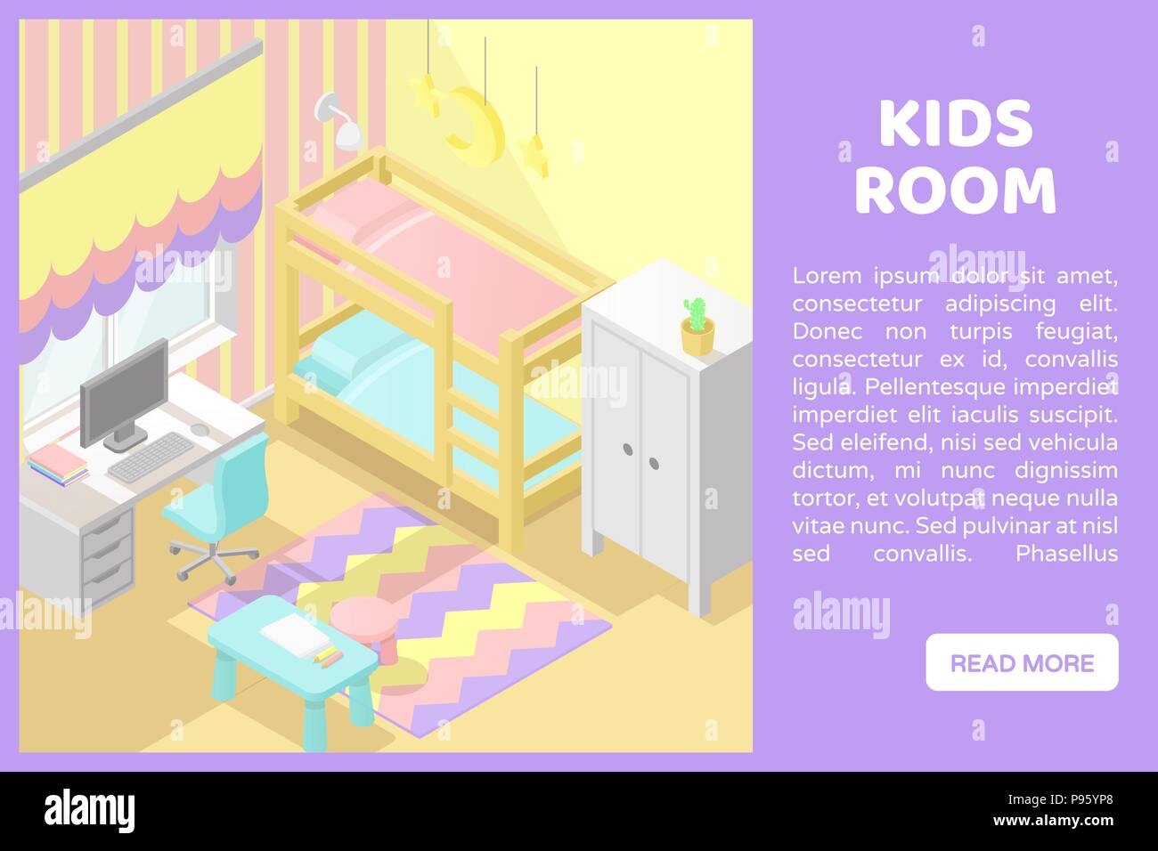 Vector isometric low poly cutaway interior illustartion. Kids room with ...