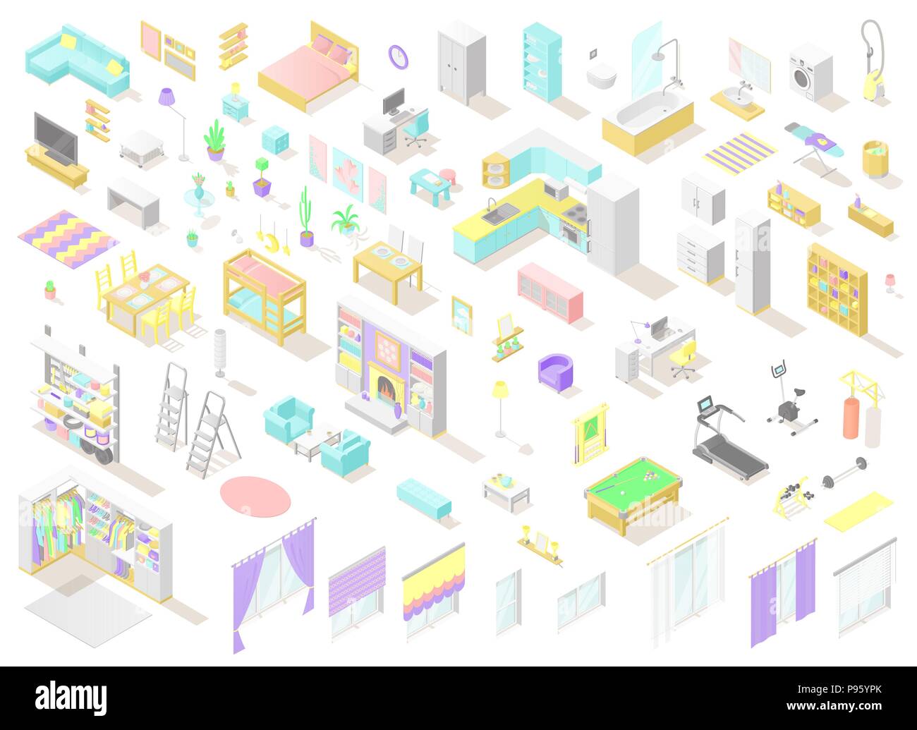 Vector big set of low poly isometric furniture and decoration for home ...