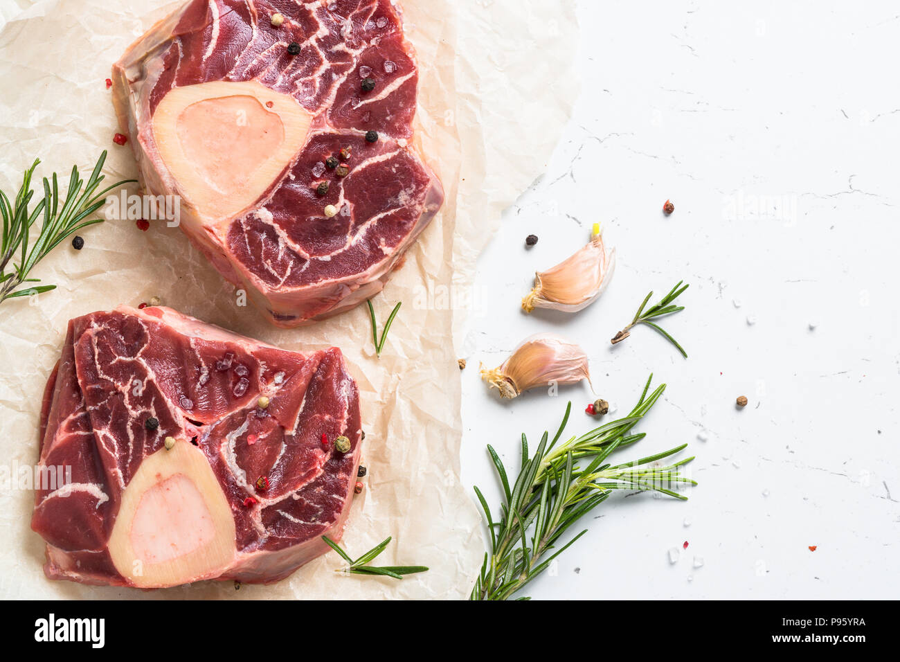 Raw beef steak osso bucco. Marble meat. Top view with copy space on ...