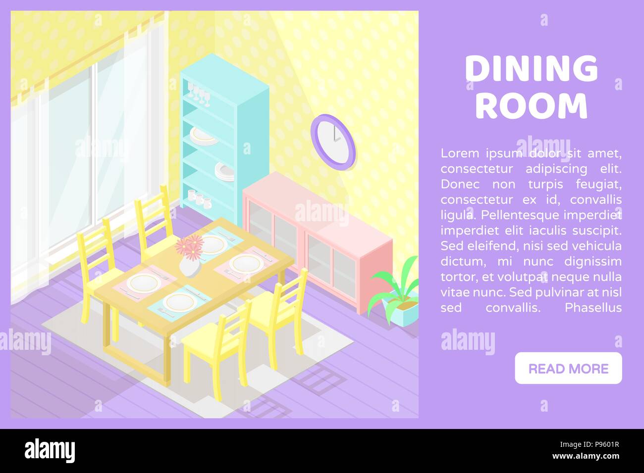 Vector isometric low poly cutaway interior illustartion. Dining room ...