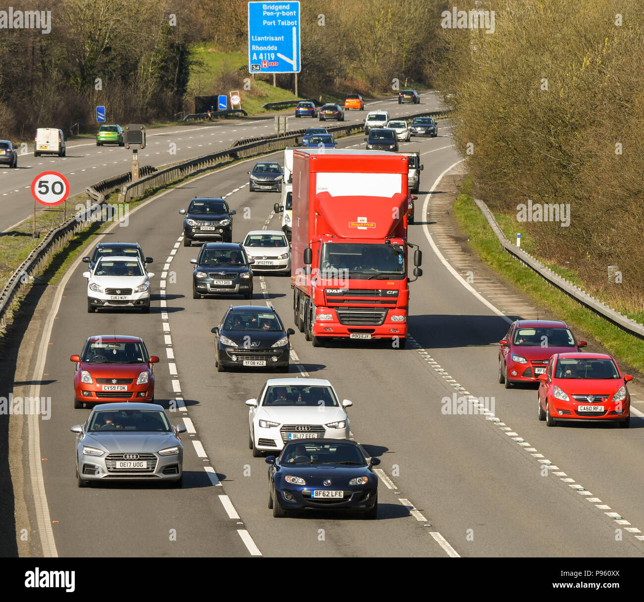 Traffic on the M4 motorway a near Junction 34 at Miskin on the ...