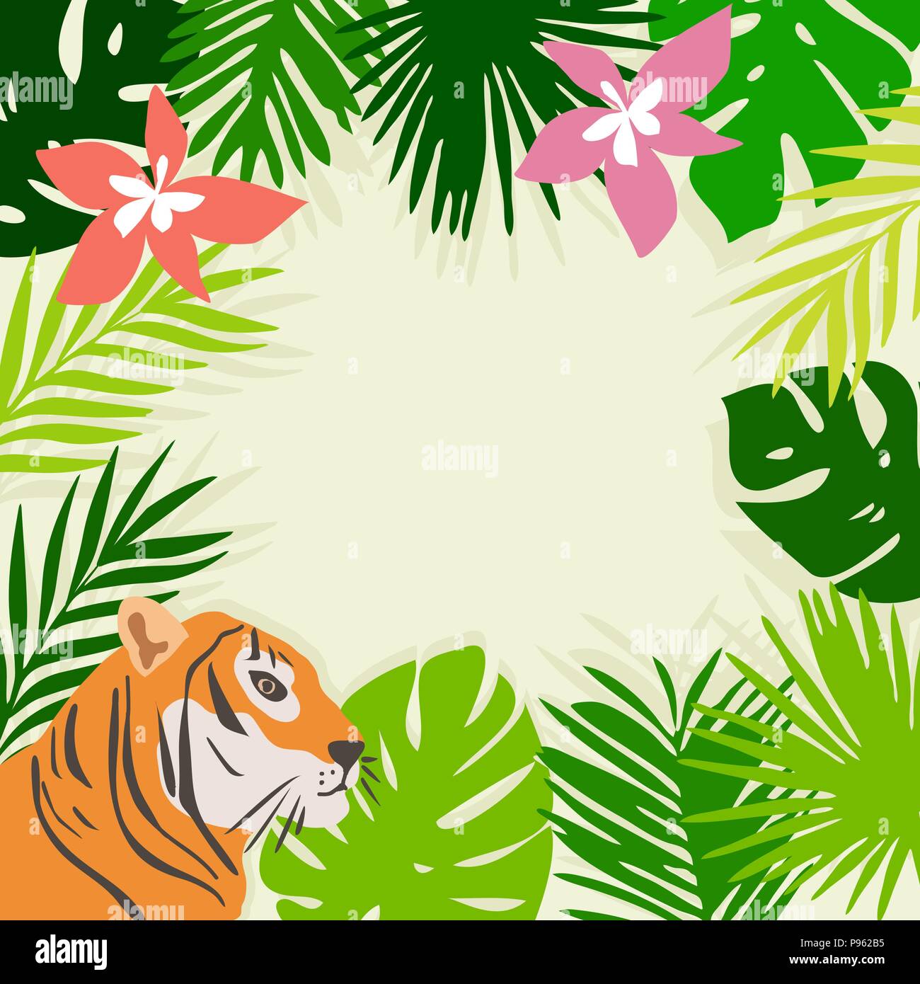 vector frame with tropical leaves, flowers and tiger Stock Vector Image ...