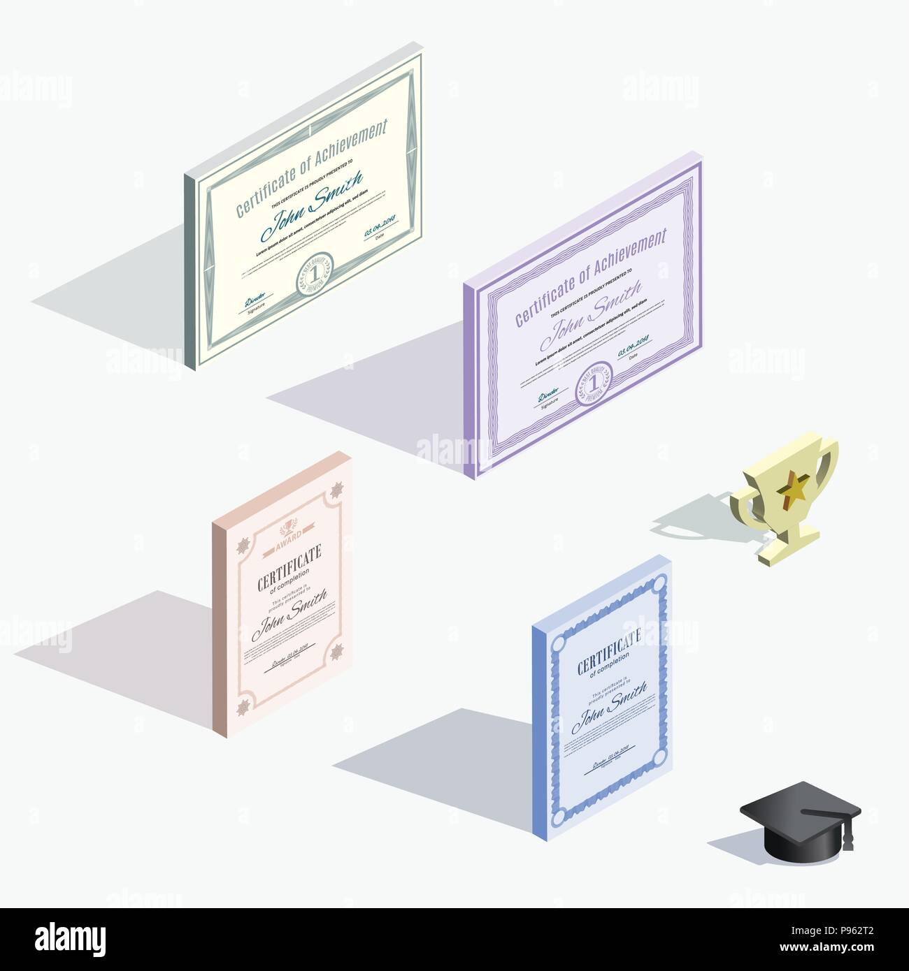 Isometric icons. Different certificates and graduation cap with shadow ...