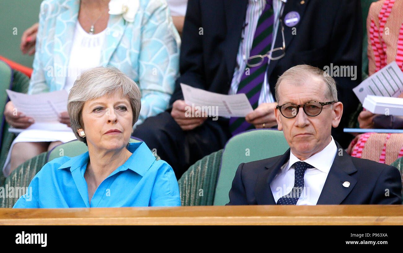 Theresa and Philip May in the royal box on centre court on day thirteen ...