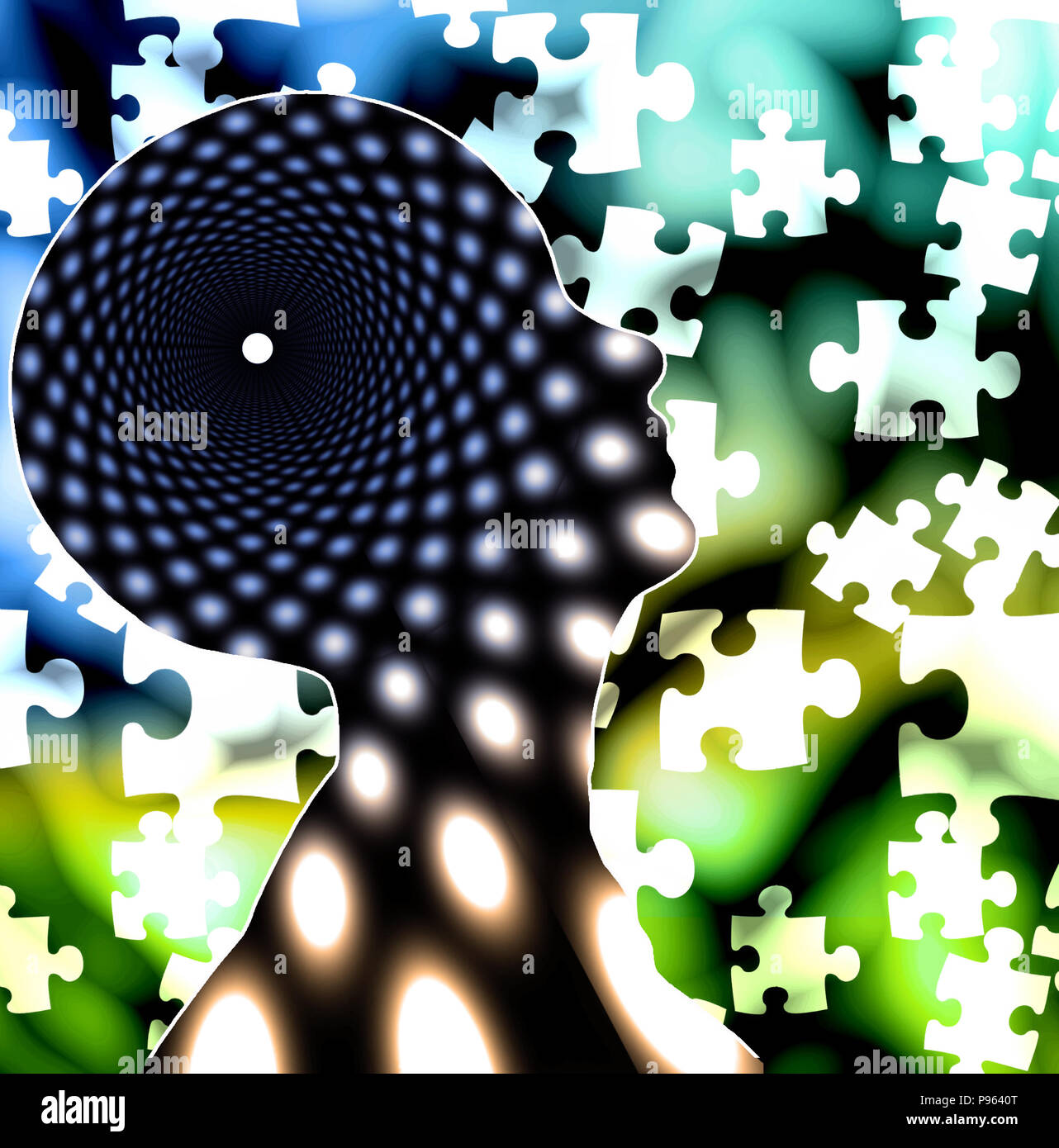 Human head silhouette with doted fractal and pieces of puzzle Stock ...