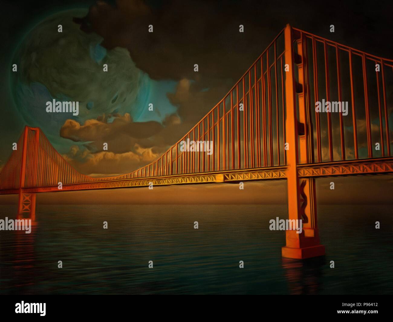 Surreal painting. Golden Gate bridge. Terra-formed moon in the sky ...