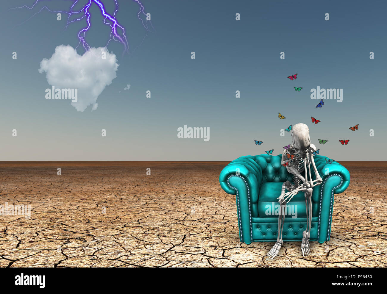 Desert scene with skeletal figure thinking Stock Photo - Alamy