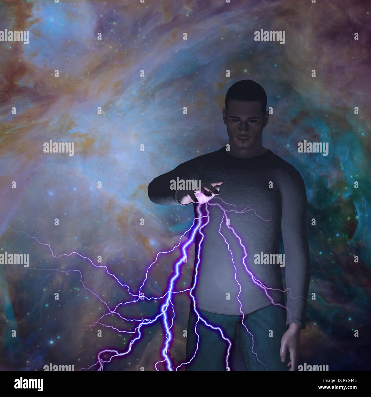 Man with power over lightning Stock Photo - Alamy