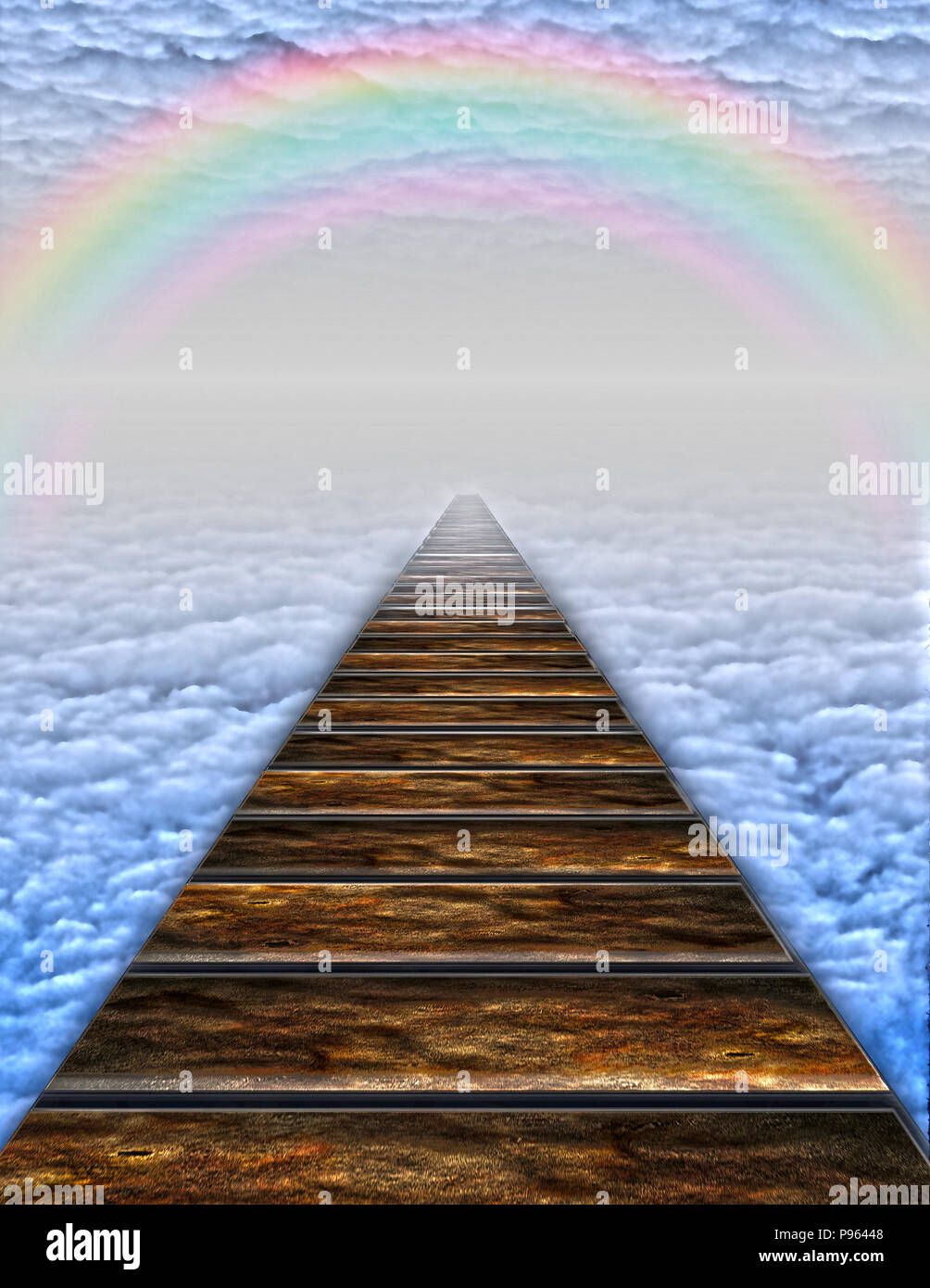 Plank path into clouds with rainbow Stock Photo - Alamy