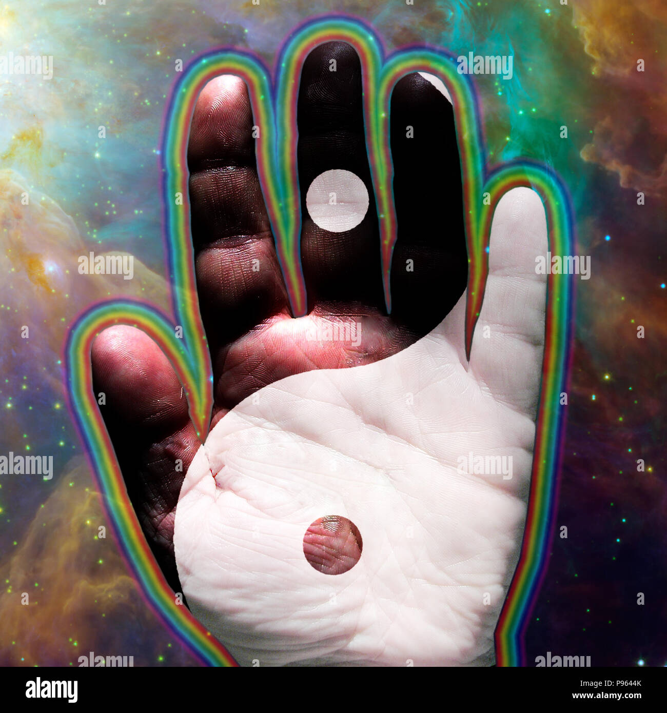 Human palm with Yin Yang sign. Vivid universe background Stock Photo ...