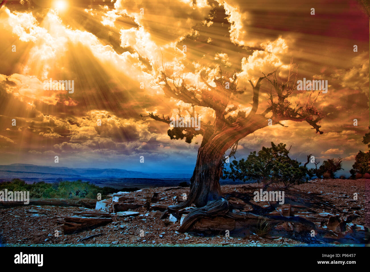 Light streams into rocky desert scene Stock Photo - Alamy