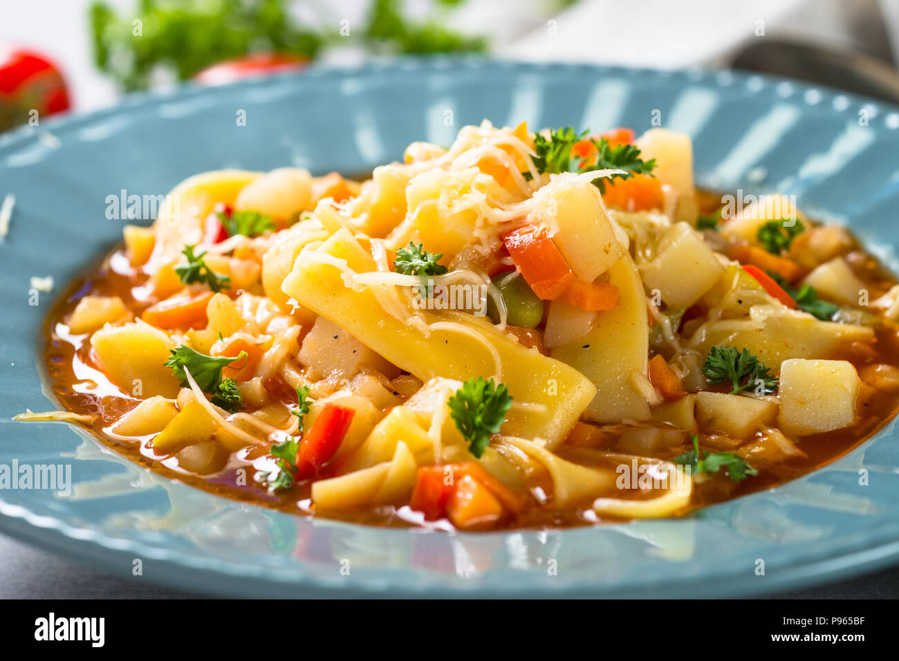 Minestrone traditional italian soup from vegetables, tomato and pasta ...