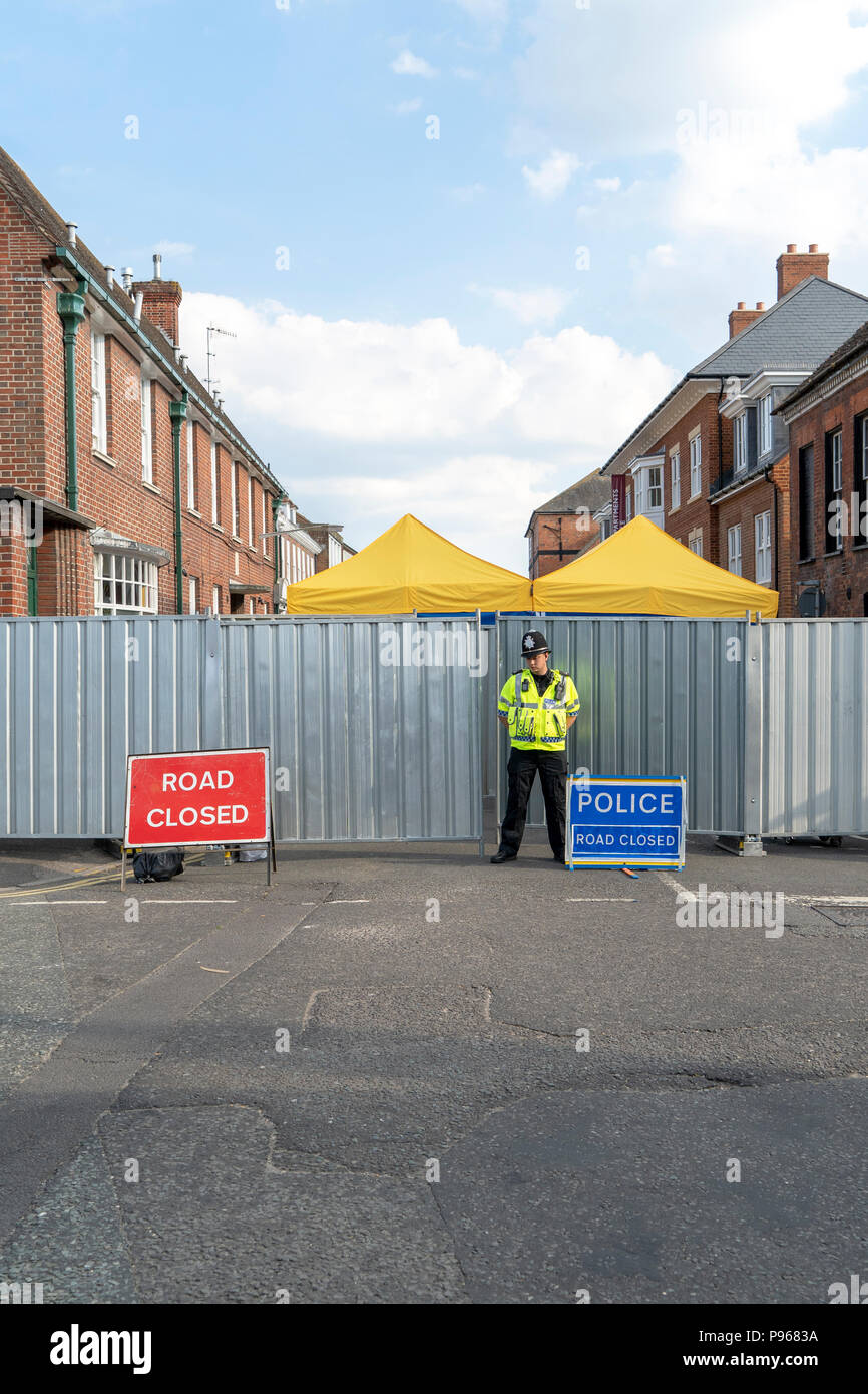 Police officer guarding cordon at John Baker House Salisbury Stock ...