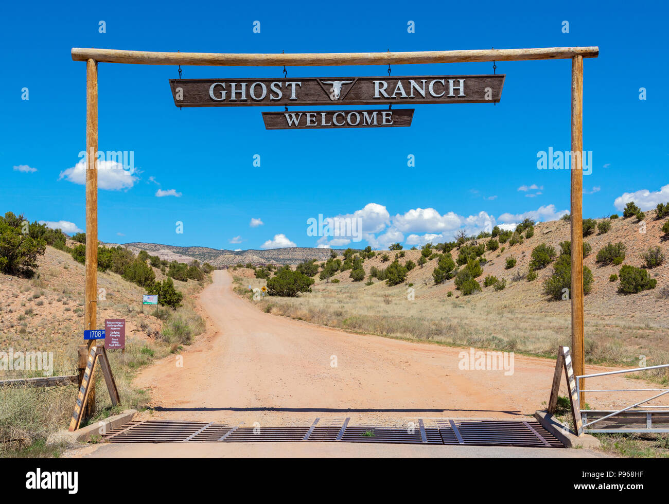 New Mexico, Rio Arriba County, Ghost Ranch, entrance gate Stock Photo ...