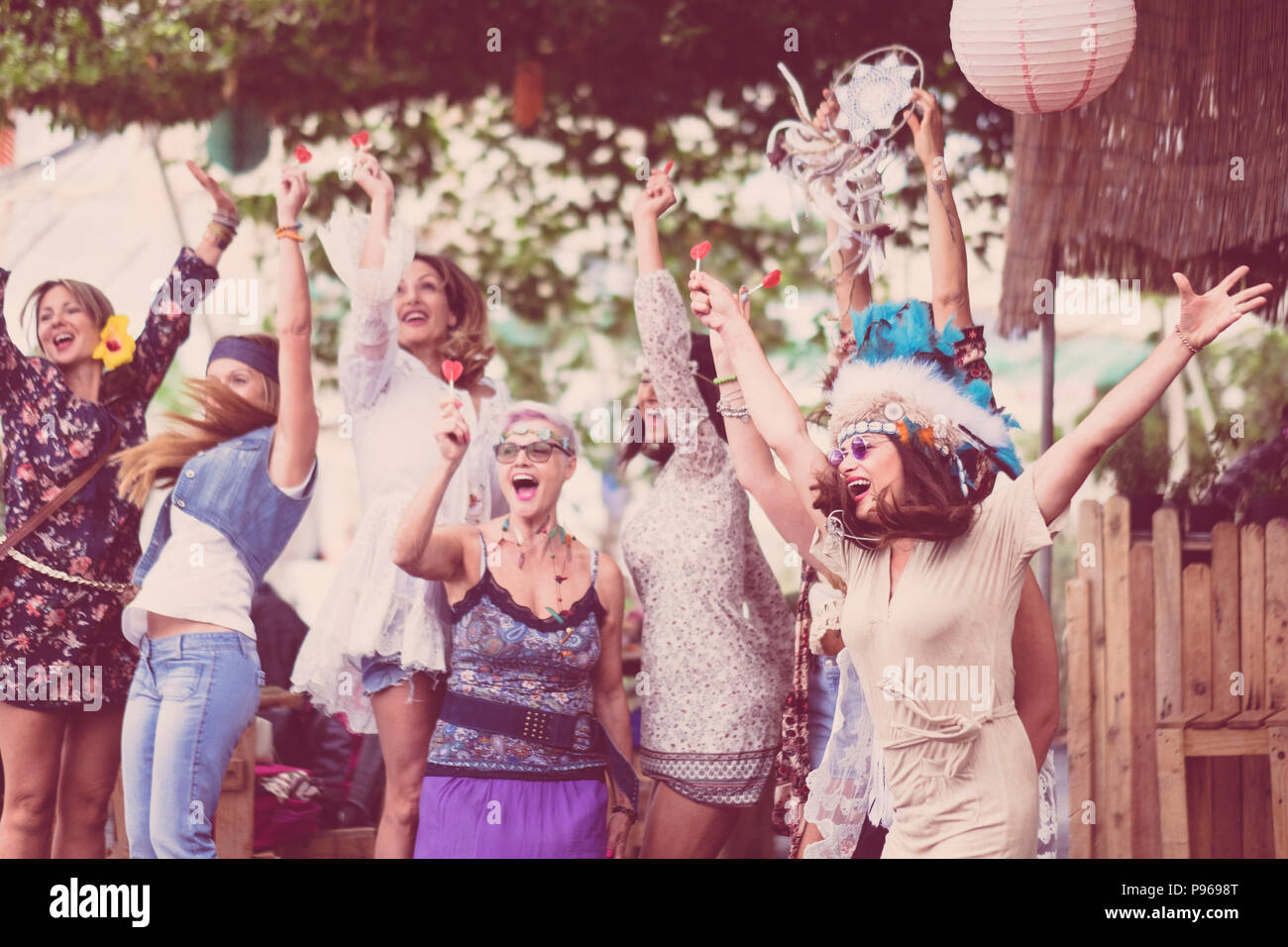Group Of Crazy Women Mixed Ages From Young To Old Having Fun And