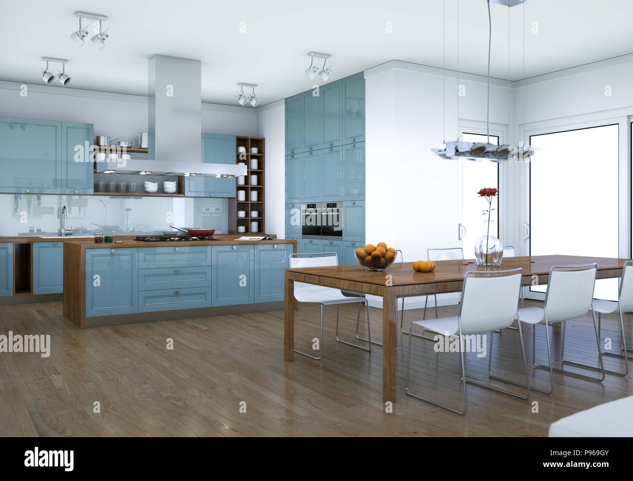 Blue modern kitchen interior design illustration Stock Photo - Alamy