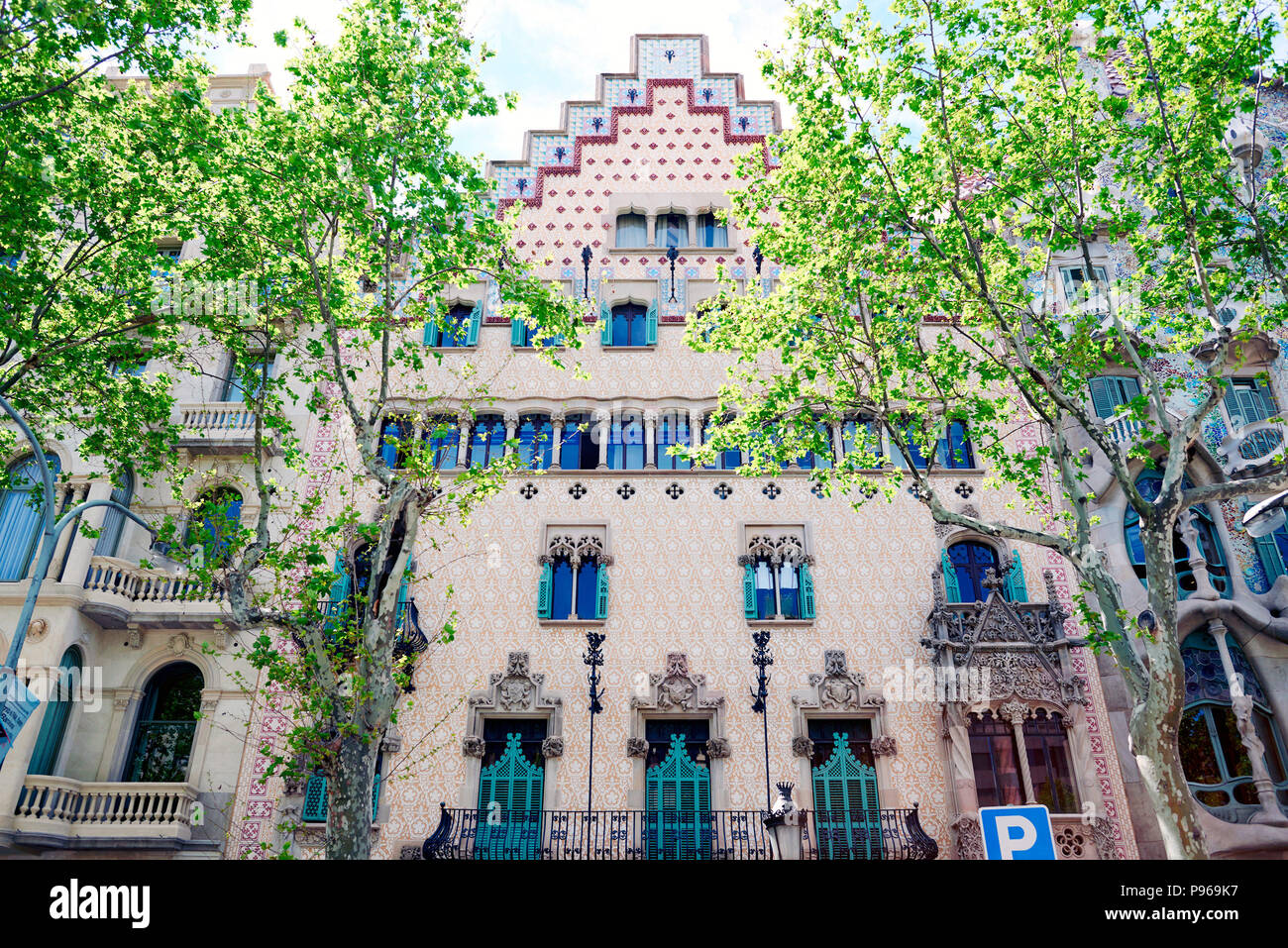 Barcelona, Spain. April 19, 2017: Detail of the facade of the modernist ...