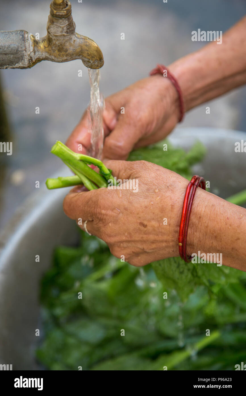 Women washing vegetable under tap water outside Stock Photo - Alamy