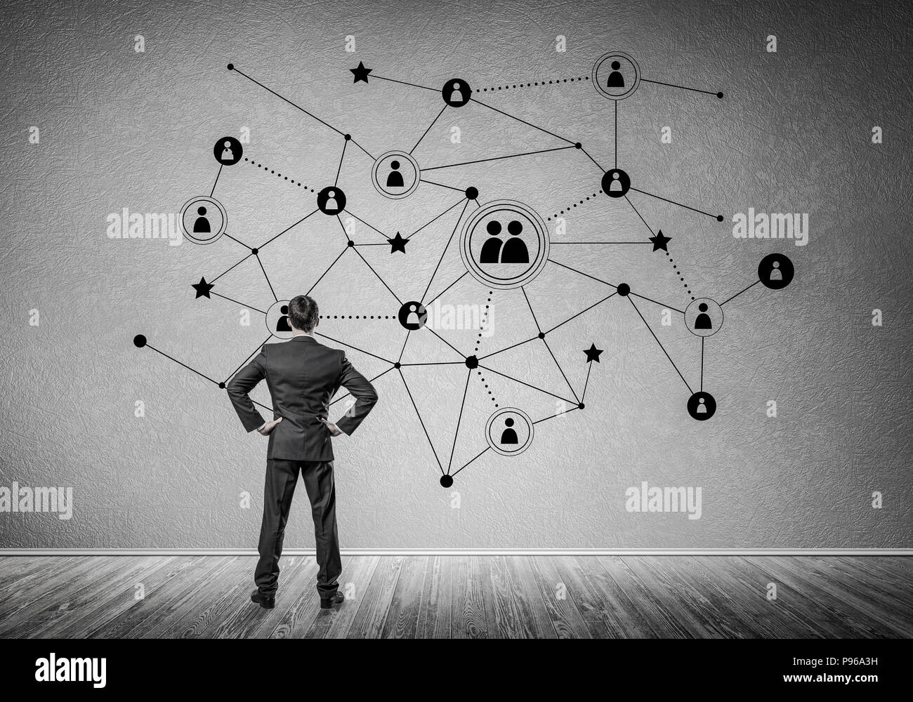 Connection lines drawn on concrete wall as symbol for networking Stock ...