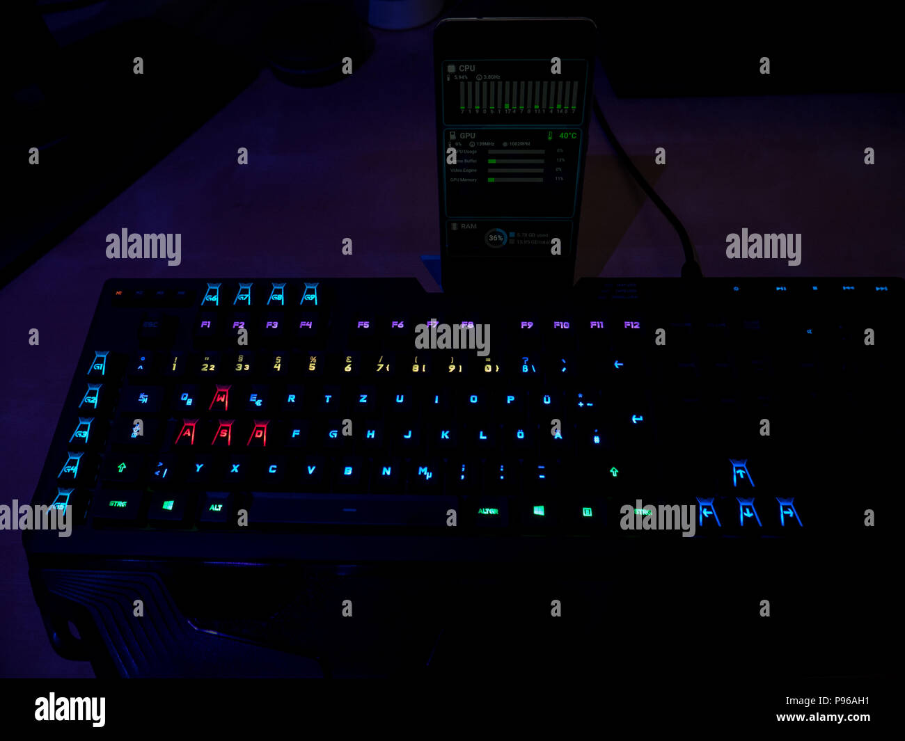 rgb lighted gaming keyboard with smartphone connection focus Stock ...