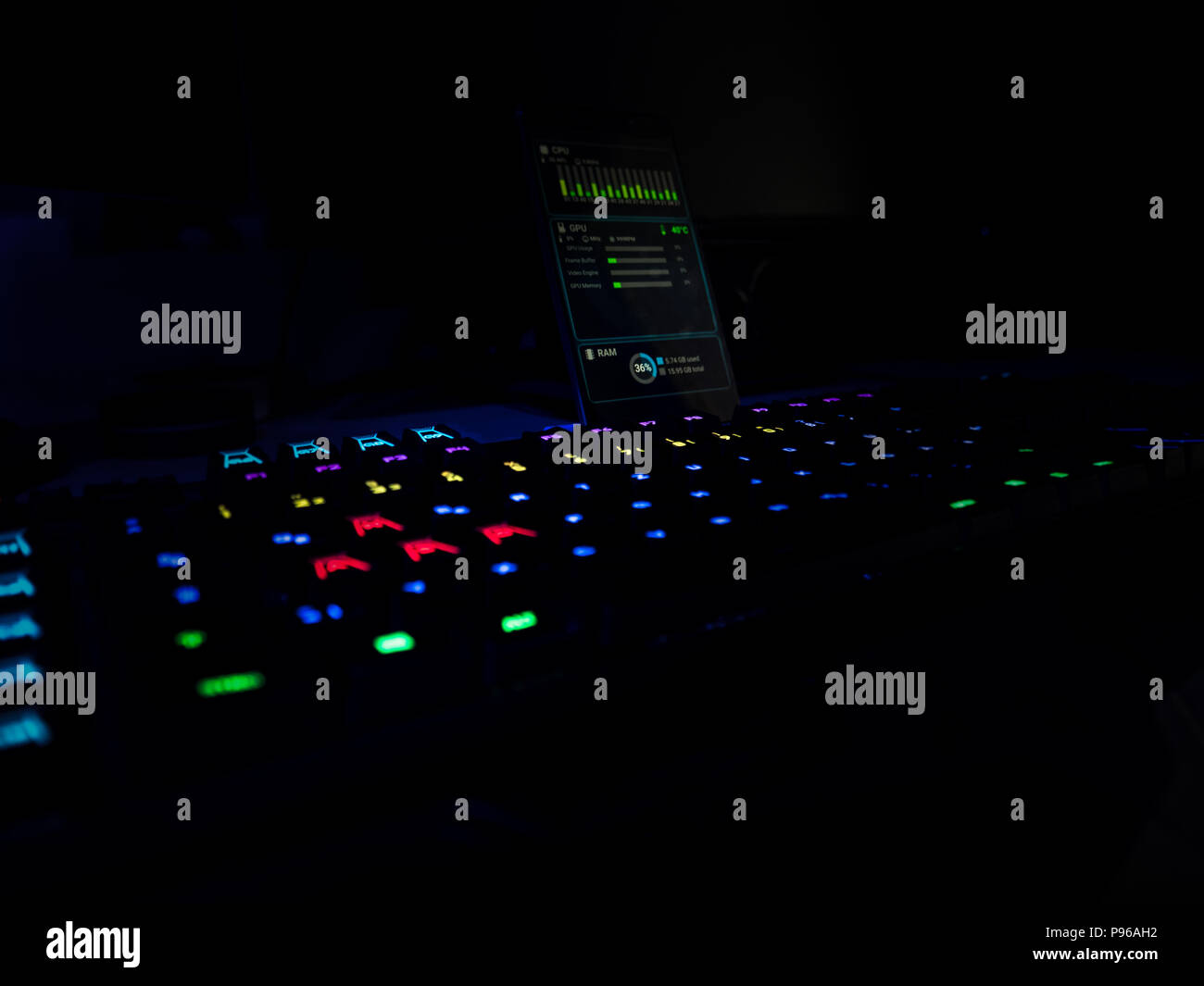 rgb lighted gaming keyboard with smartphone connection focus Stock ...