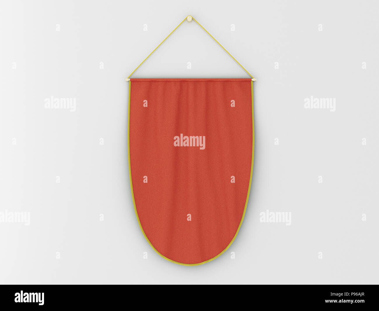 Red pennant (pennon or pendant) hanging on a white wall. Include ...