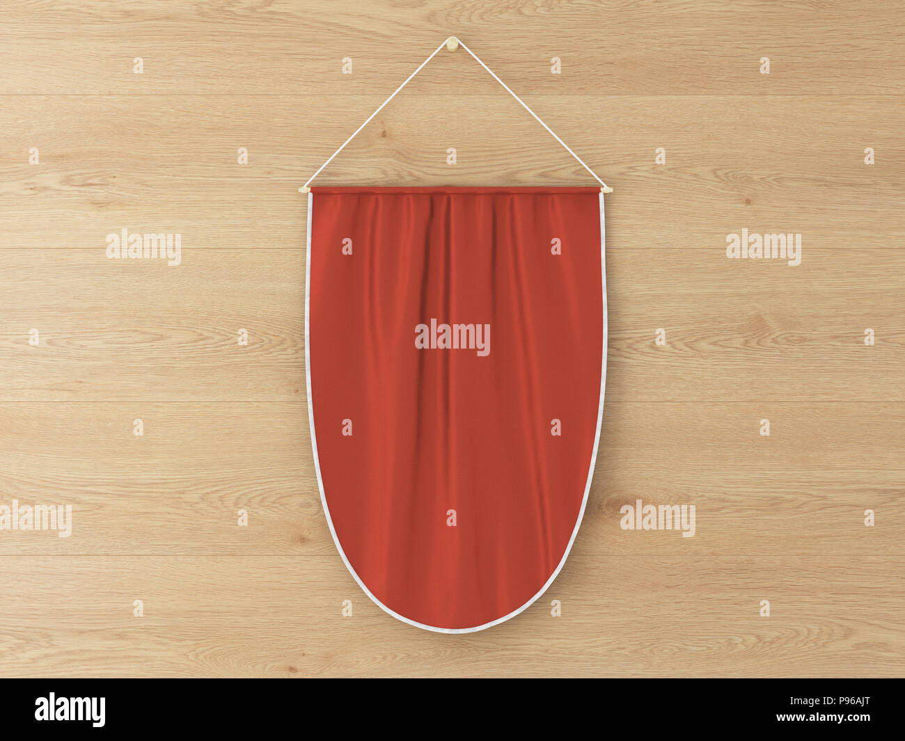 Red pennant (pennon or pendant) hanging on a wooden wall. Include ...