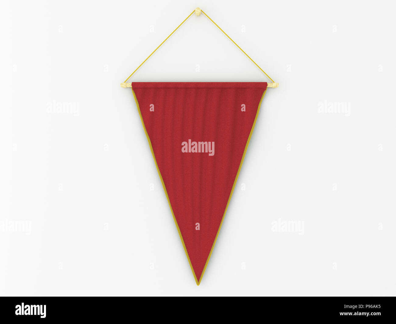 Red pennant (pennon or pendant) hanging on a white wall. Include ...