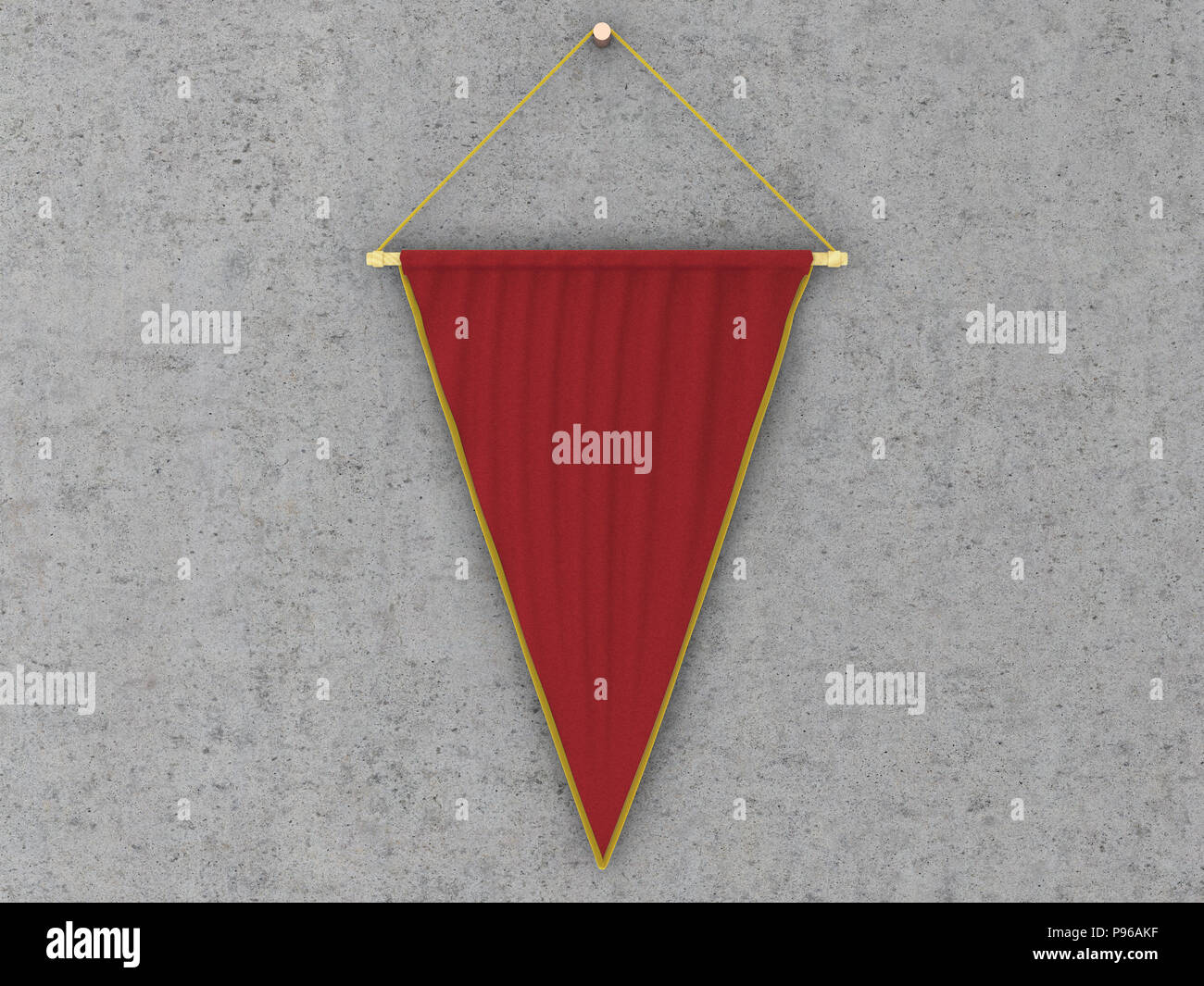 Red pennant (pennon or pendant) hanging on a concrete wall. Include ...