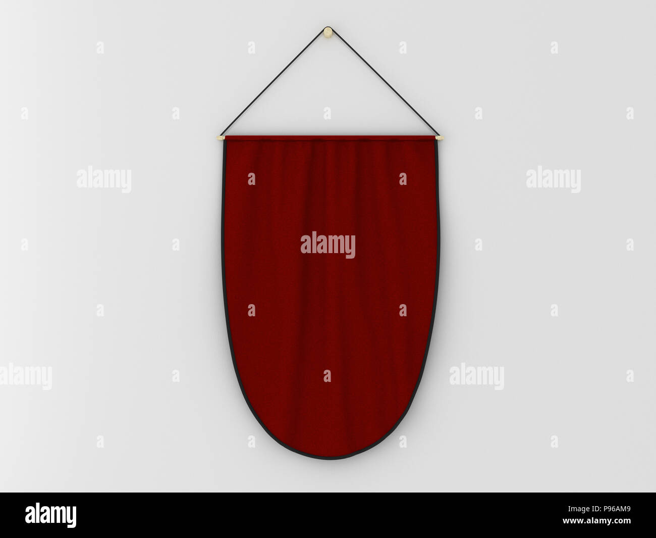 Red pennant (pennon or pendant) hanging on a white wall. Include ...