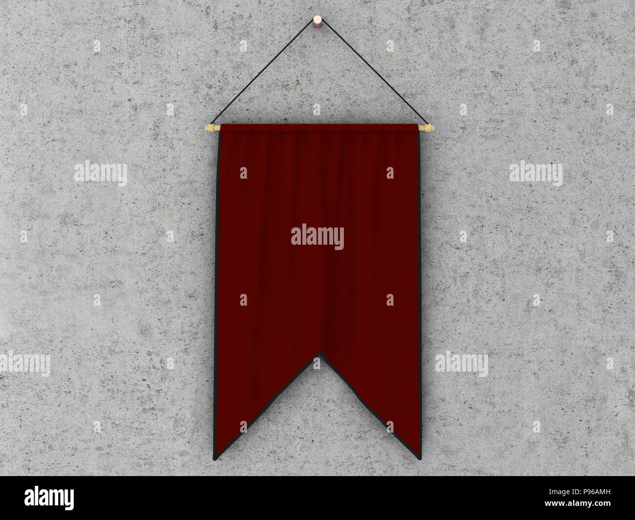 Red pennant (pennon or pendant) hanging on a concrete wall. Include ...