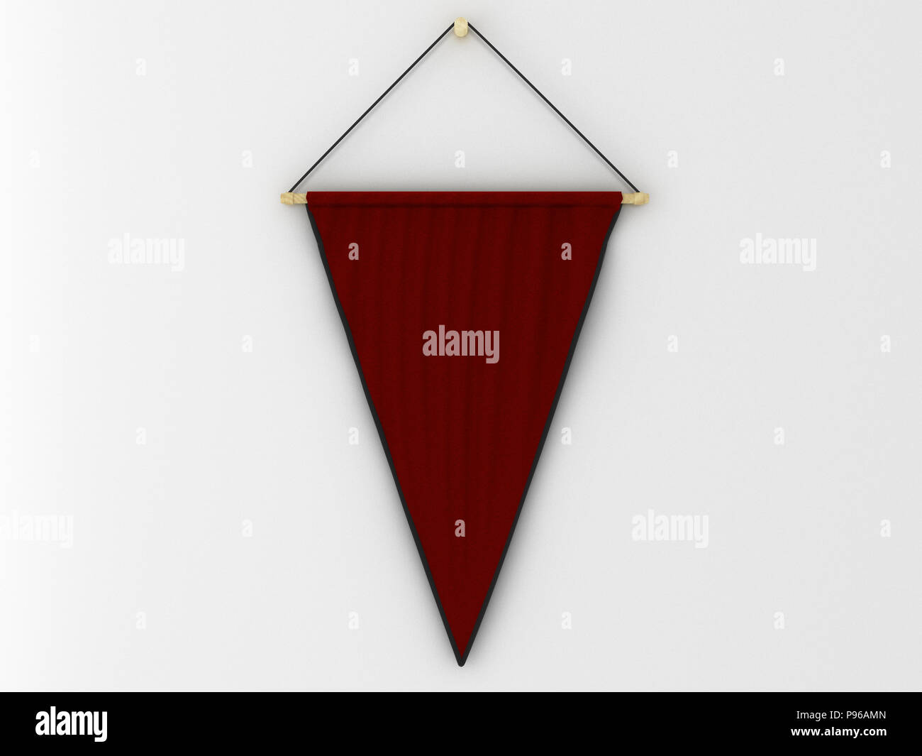 Red pennant (pennon or pendant) hanging on a white wall. Include ...