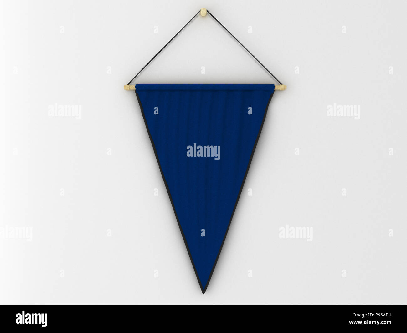 Blue pennant (pennon or pendant) hanging on a white wall. Include ...