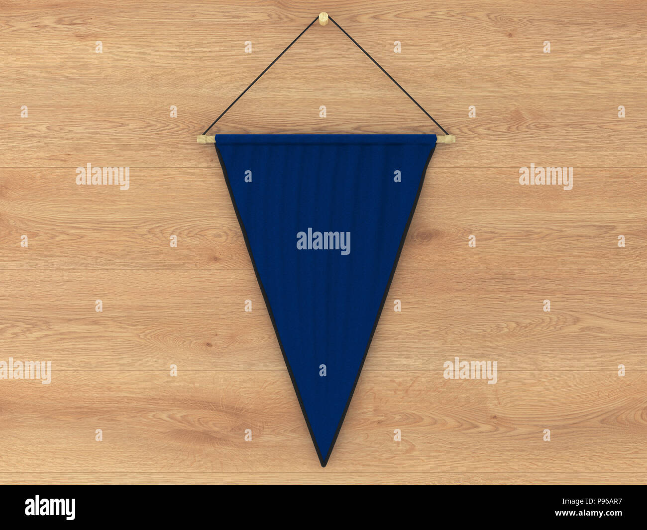 Blue pennant (pennon or pendant) hanging on a wooden wall. Include ...