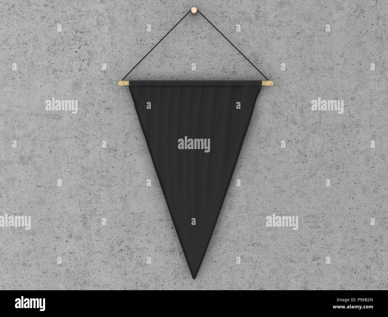 Black pennant (pennon or pendant) hanging on a concrete wall. Include ...