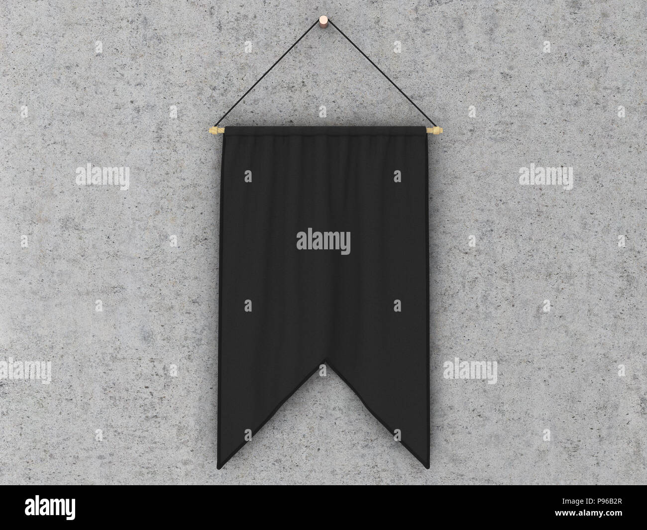 Black pennant (pennon or pendant) hanging on a concrete wall. Include ...