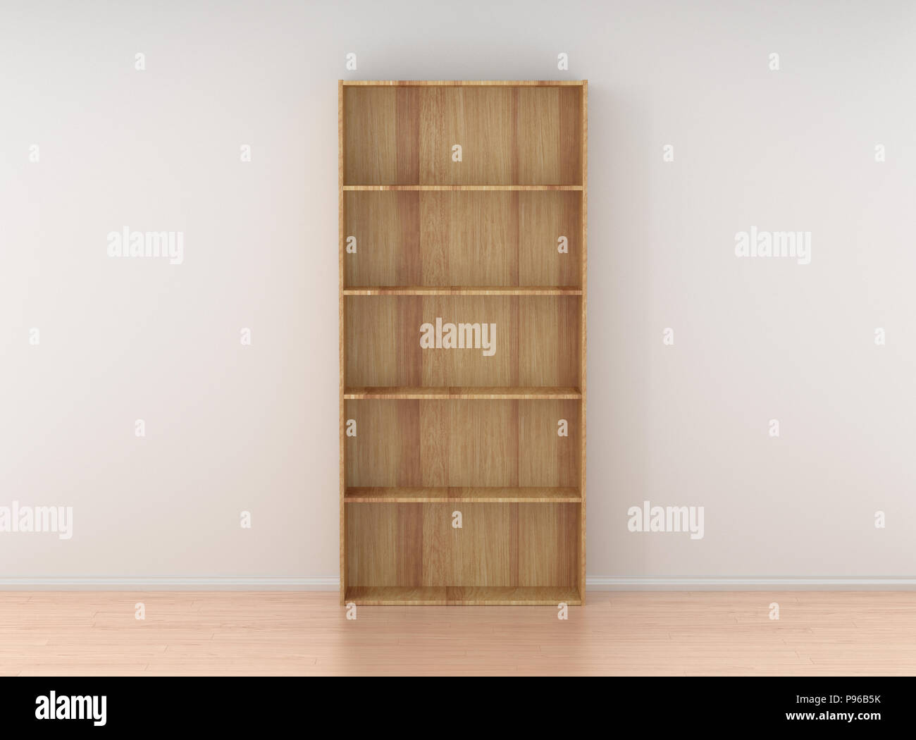 Empty wooden bookcase isolated against the white wall in bright ...