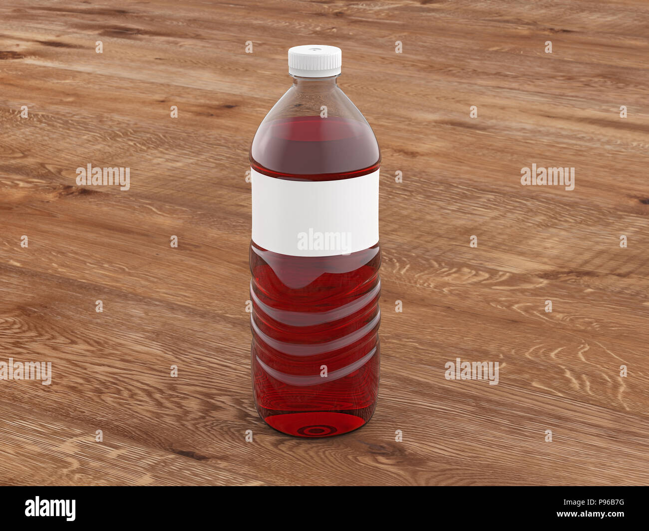 Plastic bottle of red water with blank label isolated on wood ...
