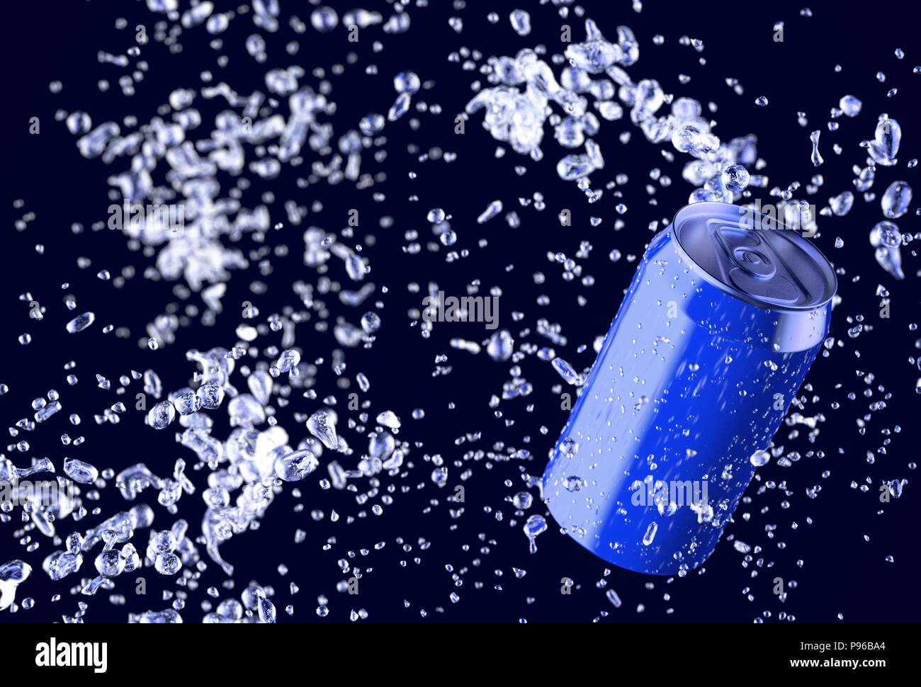 Blank blue can with water splashes isolated on black background. 3d ...