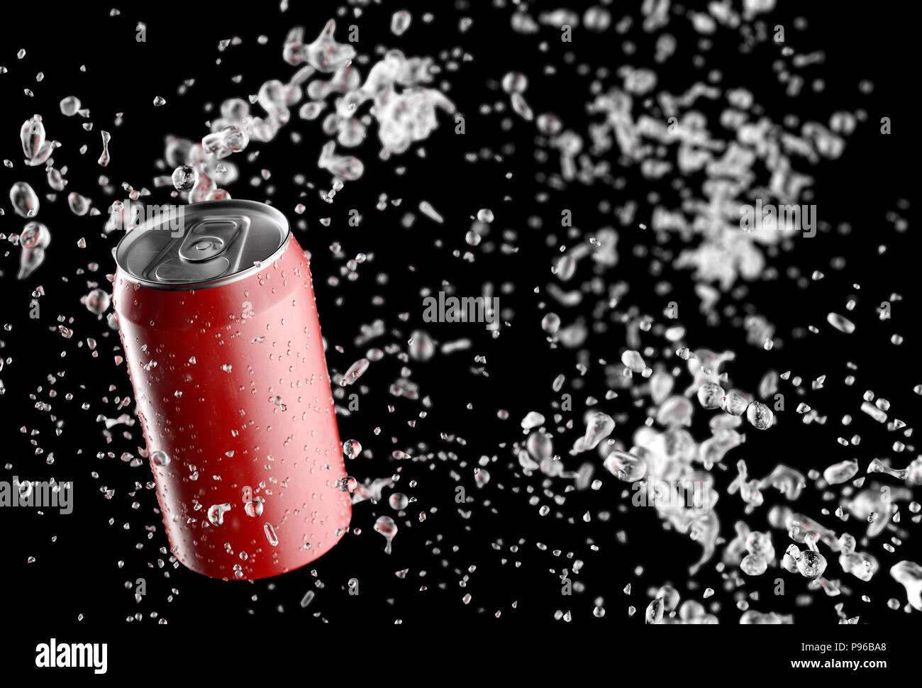 Blank red can with water splashes isolated on black background. 3d ...